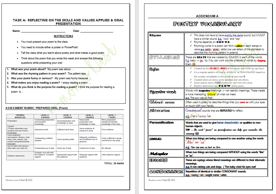 ENGLISH HL / FAL READING PROJECT: POETRY GR 5 TERM 3 [2022] – Teacher ...