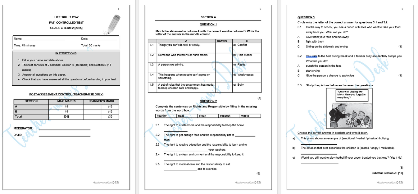 LIFE SKILLS PSW CONTROLLED TEST GR 4 TERM 2 – Teacher-mom's Desk